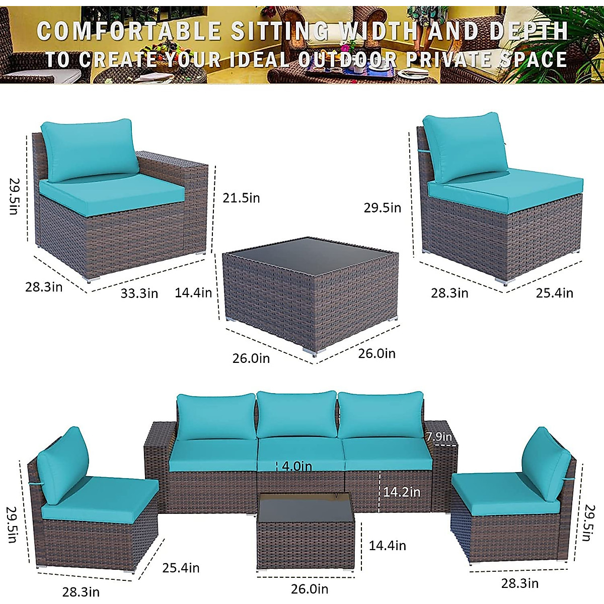 ALAULM 6 Pieces Patio Furniture Set Sectional Sofa Set Outdoor Furniture All Weather Brown PE Rattan Patio Conversation Set w/5 Blue Seat Cushions and 1 Coffee Table