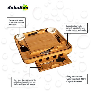 Cheese Board Natural Bamboo Platter with Knife and Forks Set with Ceramic Bowls dubaBoo Charcuterie Platter and Serving Meat, Cheese Board with Slide Out Drawer, Gift for Any Occasion.