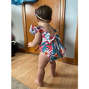MINIFEIKO Toddler Baby Girl Tropical Swimsuit Newborn Girls One Piece Ruffle Bathing Suit with Headband Summer Bikini Swimwear for Infant Girls(Palm Leaf,12-18 Months)