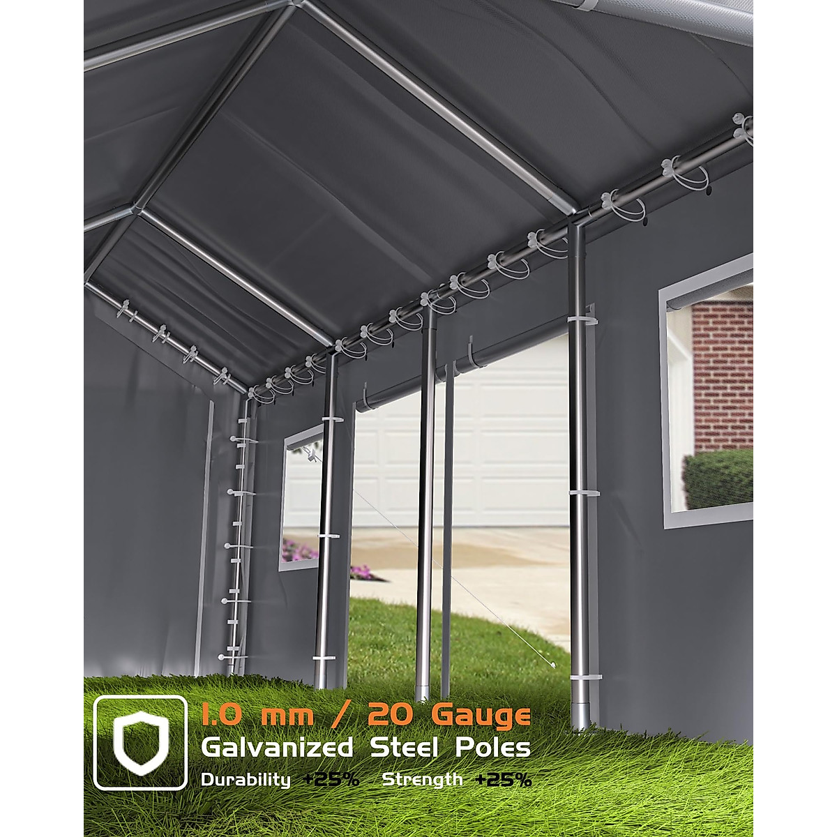 GarveeLife 13'x25'x11' Carport Oversized, Portable Garage with 180g PE Tarps, 19 Gauge Poles, 6 Roll-up Doors, and 4 Mesh Windows, Suitable for Full-Size Pickups Bass Boats, Tractors, and SUVs, Gray