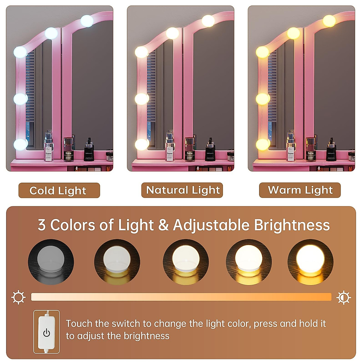 Tiptiper Vanity Desk with Tri-Fold Mirror and Lights, Makeup Vanity with Wood Upholstered Stool, Vanity Table with 5 Drawers & 8 Jewelry Hooks, Small Vanity, Pink