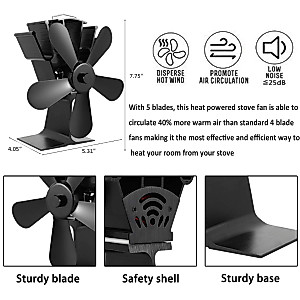 BINGONE Upgraded 5 Blades Heat Powered Stove Fan with Magnetic Thermometer Silent Operation Eco Fireplace Fan for Wood/Log Burning Stoves