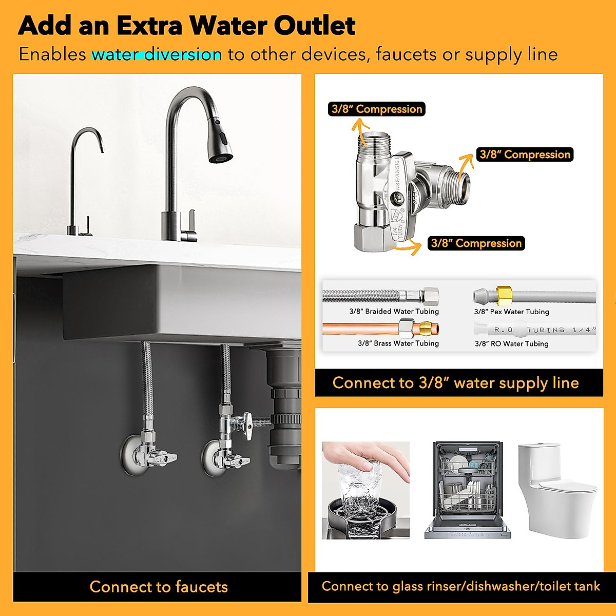 3/8" Brass Compression Angle Stop Valve, Water Line Splitter Connector Tee for Dishwasher, Commercial Sink Faucet, and Water Supply Line