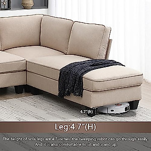Lifeand 104.378, 7-seat Linen Fabric Couch Set with Chaise Lounge and Convertible Ottoman for Living Room,Apartment,Office Modern L-Shaped Sectional Sofa, Khaki