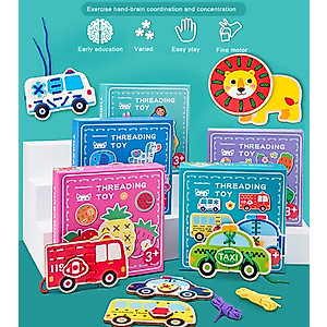 Promise Babe 5 Pack Animals Lacing Cards Wood Block Puzzle Threading Toys Montessori Toy Sewing Cards for Toddler Educational Preschool Toys…