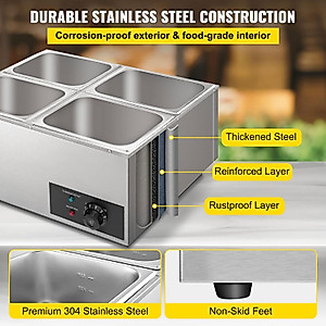 4 Pan Commercial Food Warmer, 19.2 QT Steam Table Food Warmer,600W Warmers for Food Trays Buffet with 86-185°F Temp Control,Steam Table with Lid and Tap for Catering and Restaurants,Silver