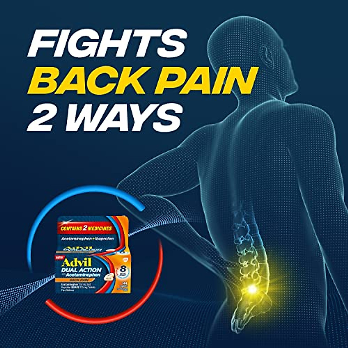 Advil Dual Action Back Pain Caplets Delivers 250mg Ibuprofen and 500mg Acetaminophen Per Dose for 8 Hours of Back Pain Relief - 144 Count