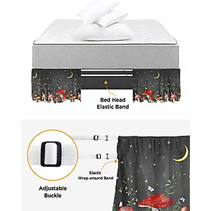 Moon Mushroom Bed Skirt Queen Size 18 Inch Drop, Adjustable & Elastic Wrap Around Bed Skirts Pleated Luxury Dust Ruffles for Twin Full Queen Cal King Base Bed, Star Eucalyptus Leaves Flower