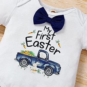 GRNSHTS Baby Boy My First Easter Pants Set Newborn Boys Short Sleeve Romper + Rabbit Long Pants 3PCs Easter Clothes(Blue,3-6M)