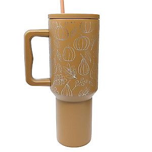FTB Creative 40oz Custom Designed Wander Tumbler, Double Wall Stainless Steel, with Lid and Straw (Almond Butter, Oh My Gourd)