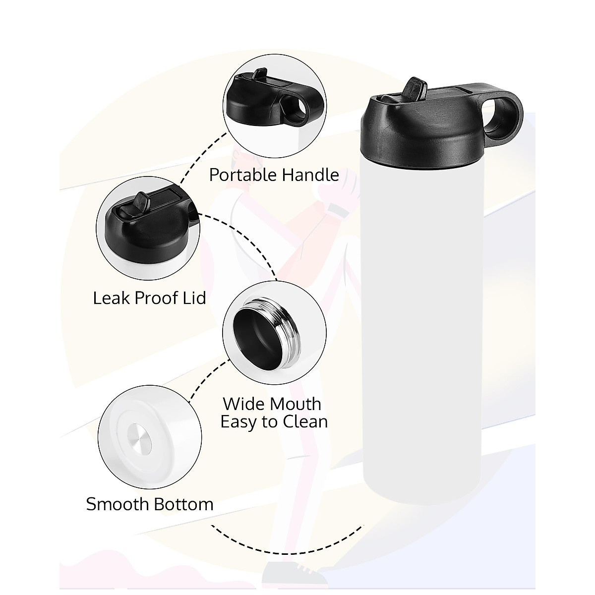 OFFNOVA Sublimation Water Bottle Blanks, 20 oz Skinny Straight Sublimation Tumbler with Handle & Straw Lid, Stainless Steel Sports Bottles Blanks for Tumbler Press Machine Sublimation Print 6 Pack