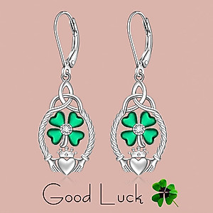 St Patricks Day Earrings Shamrock Earrings for Women Sterling Silver Four Leaf Clover Celtic Claddagh Green Irish Shamrock Dangle 4 Leaf Clover Jewelry Lucky Gifts