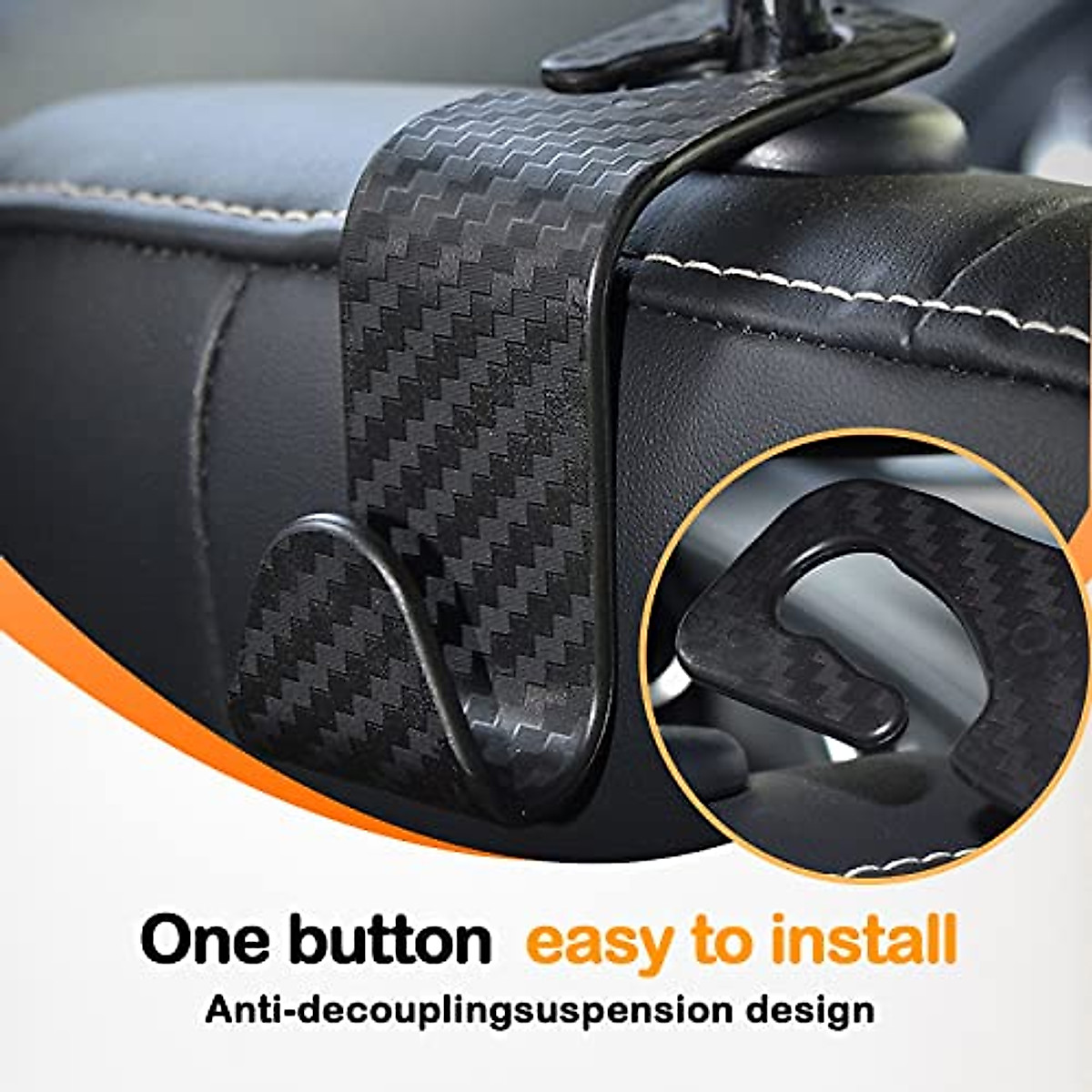 QODOLSI 4 PCS Car Seat Headrest Hooks, Hidden Powerful Chair Back Hook, Car Storage Headrest Hook Car Interior Accessories, Universal for Purse Groceries Bag Handbag (Carbon Fiber Black)