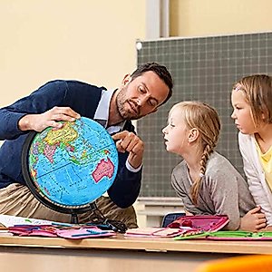 World Globe with Stand, 13" Desk Classroom Decorative Globe for Students & Geography Teachers, 360° Horizontal Rotation, Full Length 19.7 inch World Globe Map with Clear Text Markings, Blue