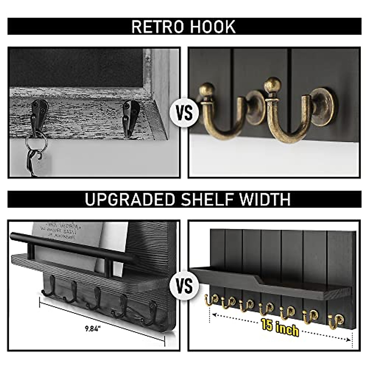 Rebee Vision Decorative Key and Mail Holder for Wall - Farmhouse 15 Inches Floating Shelf with 7 Sturdy Key Hooks for Home Entryway Wall Decor - Rustic Key Racks (Black)