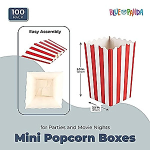 100 Pack Paper Popcorn Boxes for Movie Night and Birthday Party Supplies, Red & White, 5.5 in