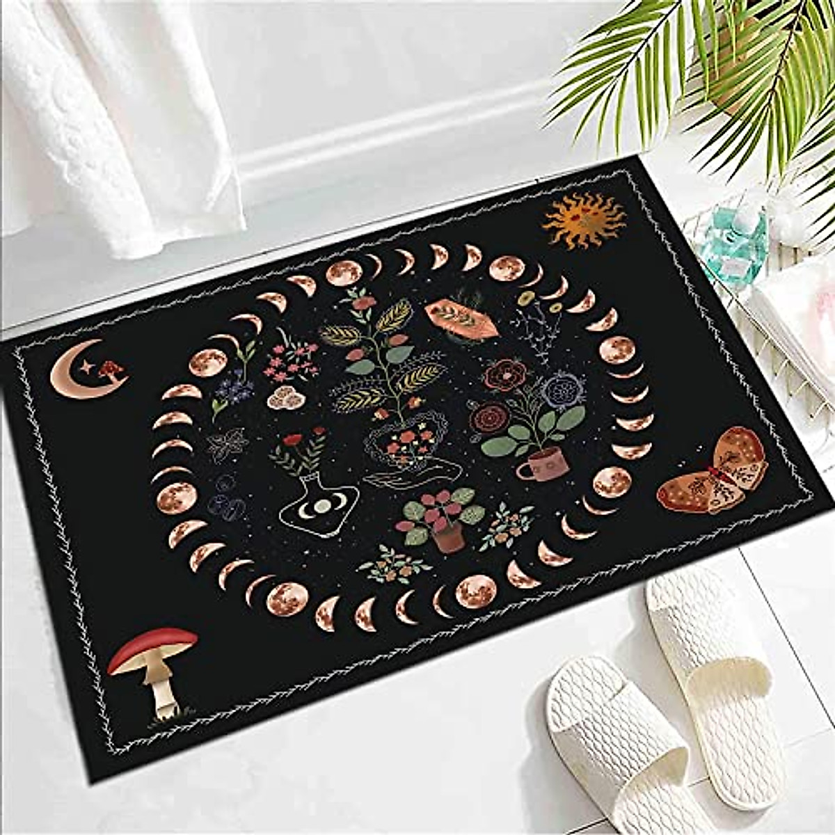 LGGQQW Black Starry Botanical Sun Moonlit Mushroom Area Rug Floral Hippie Moon Phase Carpet for Aesthetic Color 24inch x 36inch
