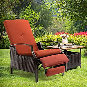 ALIMORDEN Patio Wicker Adjustable Recliner Chair, Steel Frame Rattan Sofa with Thick Removable Cushion, Outdoor Relaxing Lounge Chair for Porch, Backyard, Garden, Water Resistant, Red