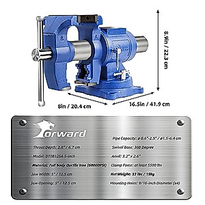 Forward DT08125A 5-Inch Heavy Duty Bench Vise 360-Degree Swivel Base and Head with Anvil (5", Ductile Iron)