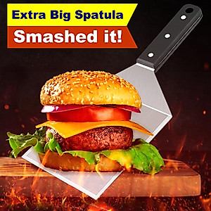 Leonyo Griddle Accessories Set of 7, Stainless Steel Metal Spatula Scraper Turner for Flat Top Grill Pan BBQ, Dishwasher Safe, 6 x Hanging Hooks