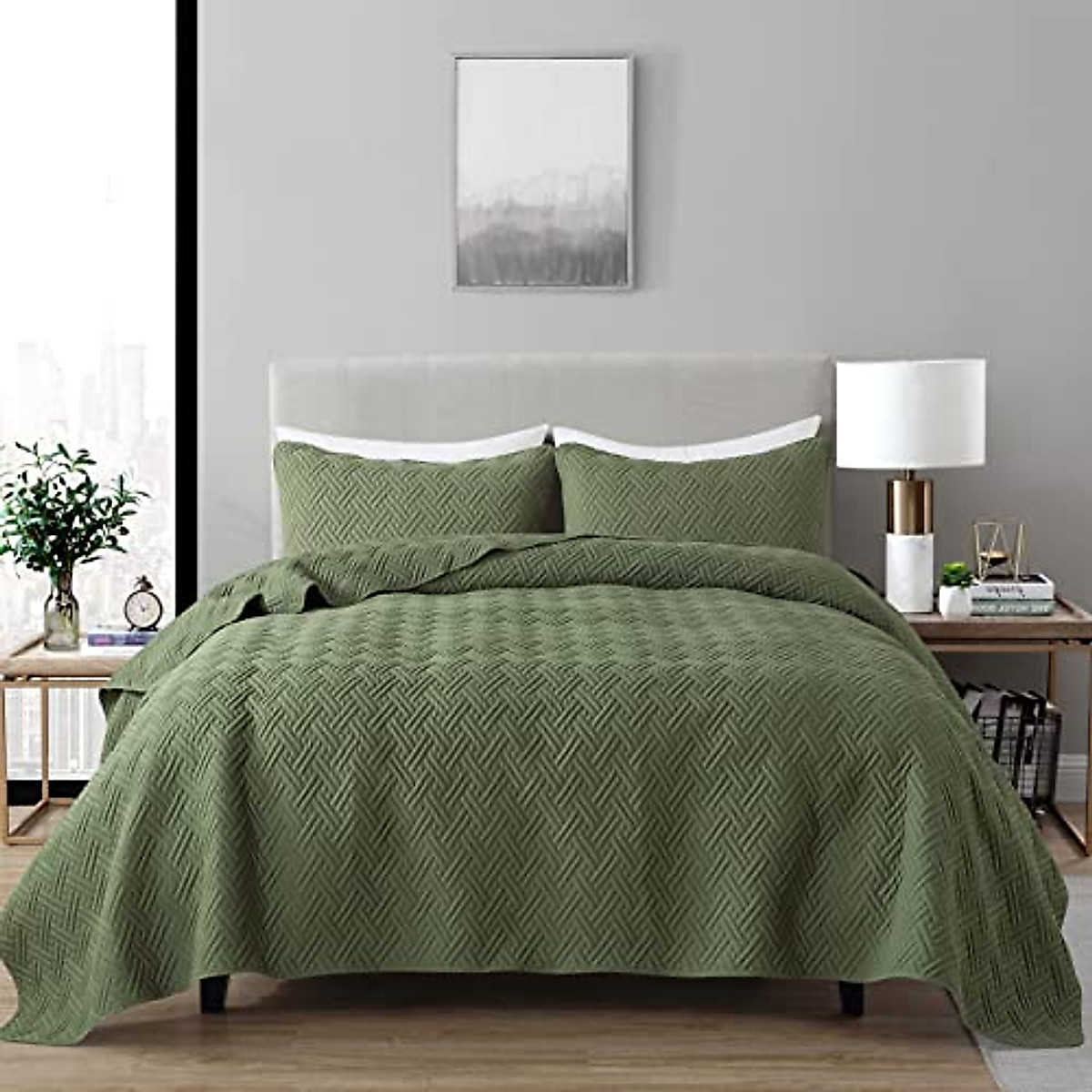 WDCOZY Green Quilts Queen Size Bedding Sets with Pillow Shams, Olive Lightweight Soft Bedspread Coverlet, Quilted Blanket Thin Comforter Bed Cover, All Season Summer Spring, 3 Pieces, 90x90 inches