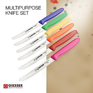 Giesser since 1776, Made in Germany, Colorful serrated Utility kitchen knives round tip dishwasher safe 4.5 inch - paring knife, Tomato knife, Steak knives set of 6, restaurant knife
