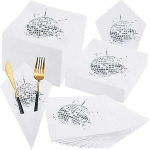 80 Pack Disco Party Cocktail Napkins Stylish Disposable 70s 80s 90s Party Supplies Cocktail Napkins Party Napkins Paper Napkins for Engagement Birthday Graduation Baby Shower Supplies(White)