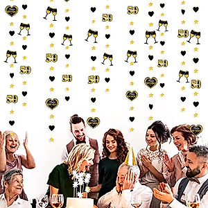 Black Gold 50th Birthday Decorations Cheers to 50 Years Happy Birthday Hearts and Wine Glass Garland Bunting Banner Streamers Backdrop for 50 Year Old Birthday Fifty Fabulous Fiftieth Party Supplies