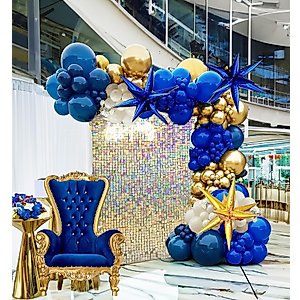 FROUFING Navy Blue Gold Balloon Garland Arch Kit 130PcS Royal Blue Gold Sand White Balloons with Starburst Balloons for birthday baby shower graduation 2024 New Year eve anniversary Decorations