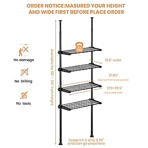 ALLZONE Bathroom Organizer, Over The Toilet Storage, 4-Tier Adjustable Shelves for Small Room, Saver Space, 92 to 116 Inch Tall, Black