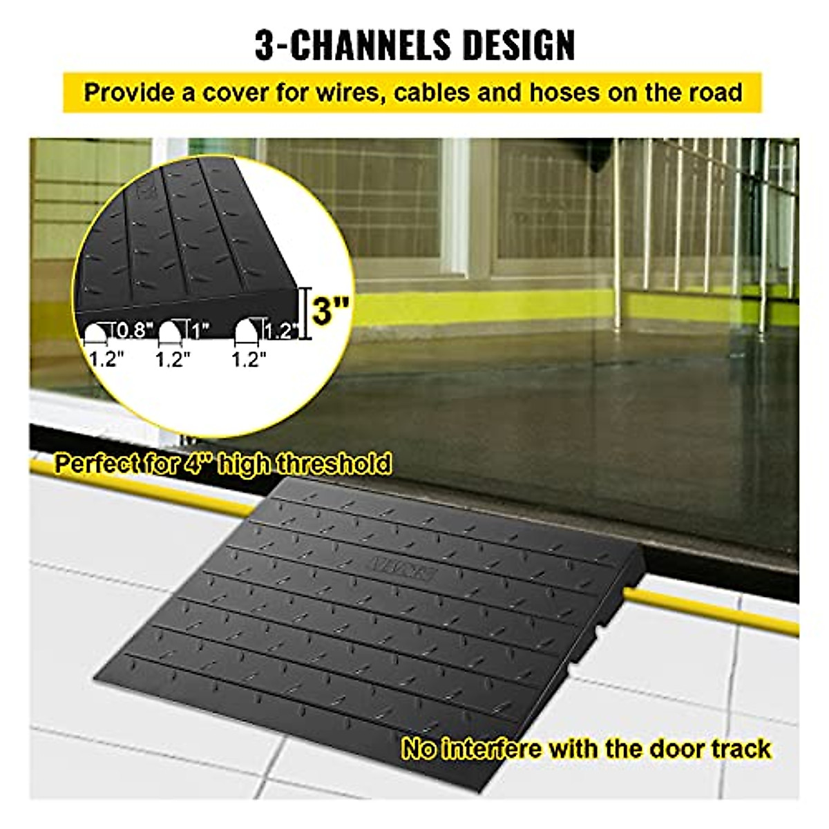 VEVOR Rubber Threshold Ramp, 3" Rise Threshold Ramp Doorway, 3 Channels Cord Cover Rubber Solid Threshold Ramp, Rubber Angled Entry Rated 2200 Lbs Load Capacity for Wheelchair and Scooter