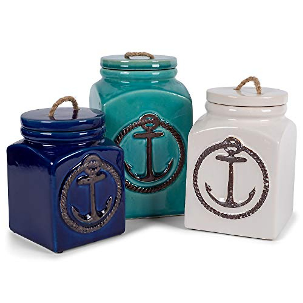 Drew Derose Square Ocean Blue Nautical Anchor 8 x 6.5 Ceramic Decorative Tabletop Canister Set 3