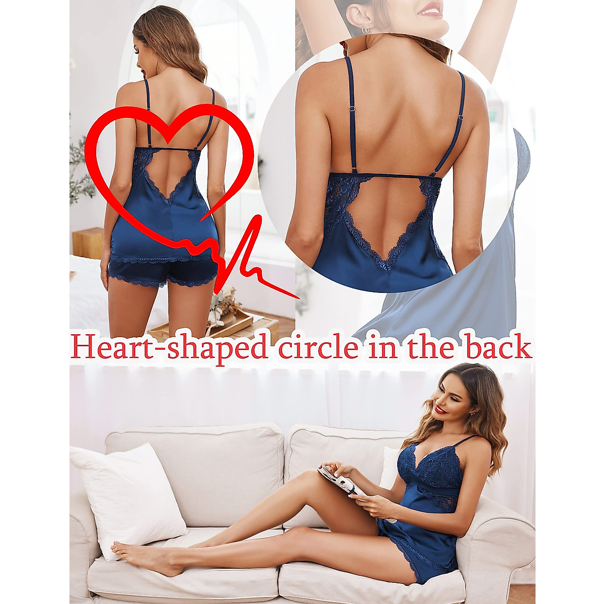 Avidlove Pjs Set for Women Sexy Lingerie Satin Pajamas Cami Shorts Set Nightwear Navy Blue