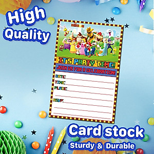 Set of 20 Classic Video GameThemed Happy Birthday Invitation Cards & Envelopes - Lightweight (240g), Postcard Style Invites for the Perfect Party Pack