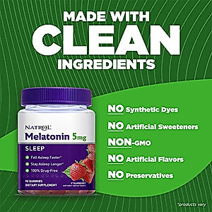 Natrol Melatonin Sleep Aid Gummy, Fall Asleep Faster, Stay Asleep Longer, 100% Drug and Gelatin Free, Non-GMO, 5mg, 90 Strawberry Flavored Gummies