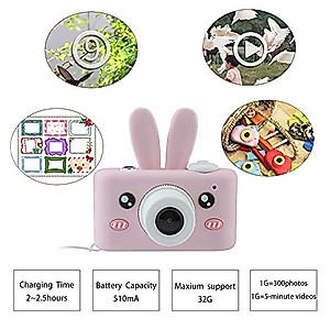 Kids Camera with Pink Rabbit Protective Case, 2 Inch HD Screen Camera for Kids, Children’s Selfie Camera, Multifunction Camera Including 16G Memory Card(Pink)