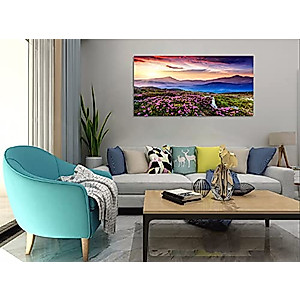 Ardemy Purple Mountain Canvas Wall Art Landscape Picture Prints Modern Painting, Wildflowers Scenery Artwork Ready to Hang for Living Room Bedroom Bathroom Home Office Decor, One Panel Framed 40"x20"