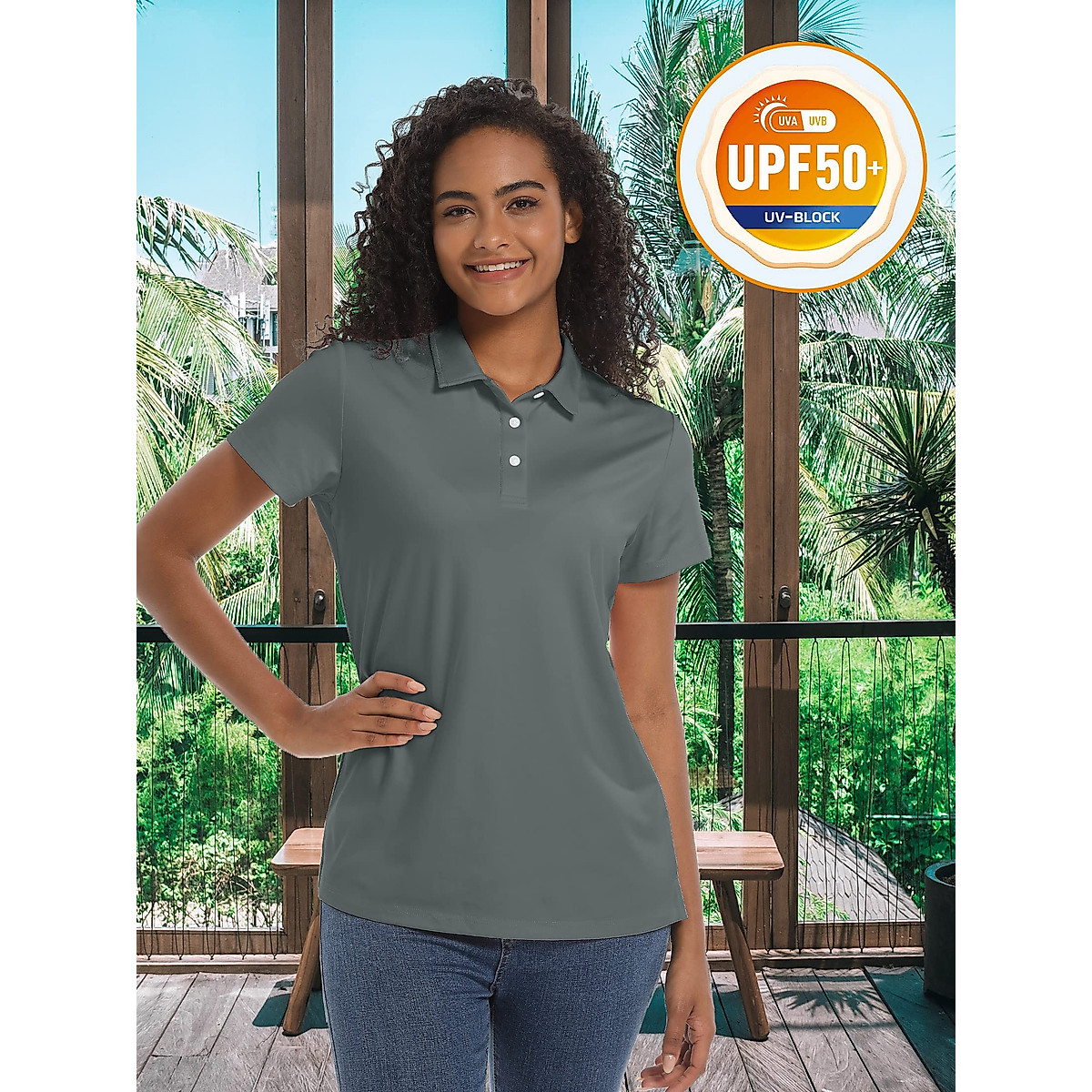 TACVASEN Women's Polo Sun Protection Athletic Shirts Short Sleeve Golf Shirt 3-Buttons Collared Tops, Dark Grey, S