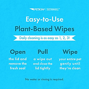 Petkin Plant-Based PetWipes, 200 Wipes, 6 Count - Biobased, Sustainable, Big & Thick Pet Wipes for Dogs & Cats - for Face, Paws, Ears, Body & Eye Area - Consciously Cleans & Conditions - Vanilla