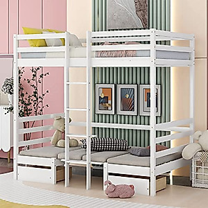 MERITLINE Twin Over Twin Bunk Bed, Convertible Dorm Loft Bed with Desk and Storage Drawers for Kids Teens, No Box Spring Needed (White Loft Bunk Beds)
