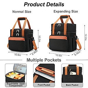 HSHPX Insulated Lunch Box Lunch Cooler Bag for Men: Expandable Large Lunchbox for Picnic Work Office Outdoor - Reusable Double Deck Lunch Tote for Adults Black Brown 15L