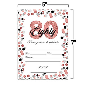 Amanda Creation Confetti Rose Gold Polka Dot 80th Birthday Party Invitations, 20 5x7 Fill-In Cards with Twenty White Envelopes