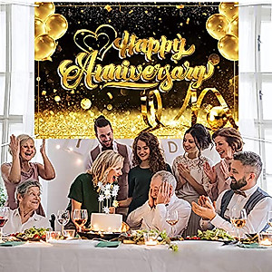 Gatherfun Happy Anniversary Banner Backdrop Anniversary Party Supplies Large Black Gold Photography Background Poster for Wedding Anniversary Party Birthday Party Decorations