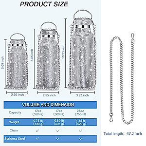 Diamond Water Bottle, Bling Rhinestone Vacuum Flask Glitter Thermos Bottles, Stainless Steel Insulated Water Bottle Refillable Water Bottle With Chain for Women Girl Gift (25oz/750ml, Silver)