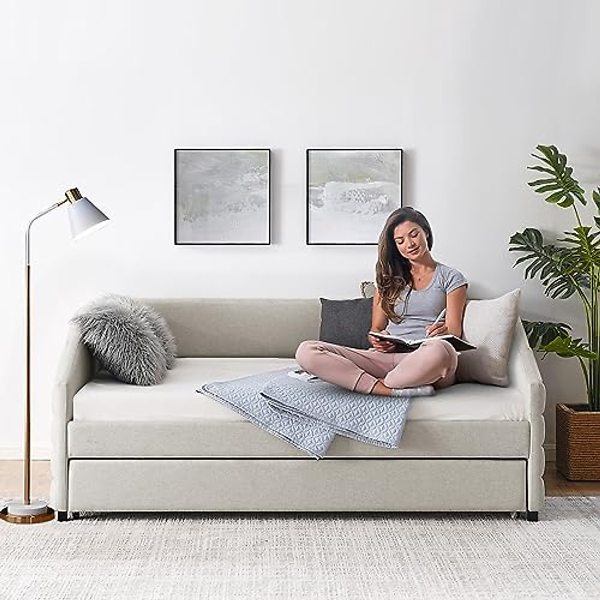 JEEOHEY Full Size Daybed with Trundle, Modern Upholstered Linen Sofa Bed for Apartment Living Room Guest Room, Solid Wood Trundle Day Bed Frame, No Box Spring Needed, Beige
