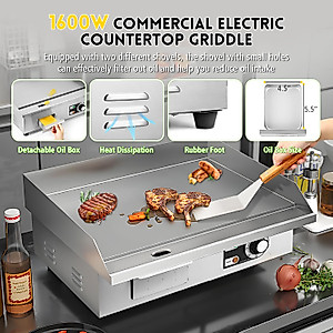 Moogiantgo Commercial Electric Griddle 22’’, 1600W Non-Stick Countertop Flat Top Grill Stainless Steel, Removable Oil Box, Adjustable Temperature 0-300℃, Teppanyaki Grill for Restaurant Kitchen, 110V