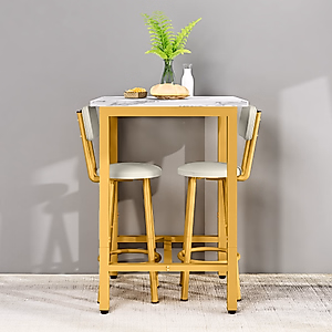 Lamerge 3 Pieces Bistro Dining Set for 2 Kitchen Square Breakfast Table Set Bar Table Space Saving Faux Marble Top and Upholstered Chairs Set for Apartment Dining Room with Gold Metal Frame