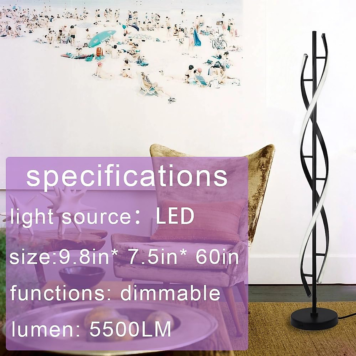 ADISUN 40W LED Remote Control Dimmable Spiral Indoor Tall Floor Lamp for Living Rooms Family Rooms Bedrooms Offices Lighting (Black)