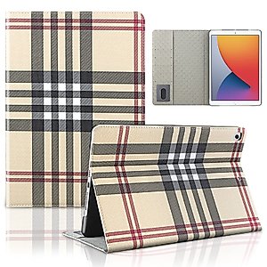 for 9th/8th/7th Generation Case (2021/2020/2019),10.2 Case Folding Stand Card Slot, Premium Leather Classic Plaid Cover Auto Wake/Sleep Smart Tablet Cover for 10.2 Inch-Creamy White