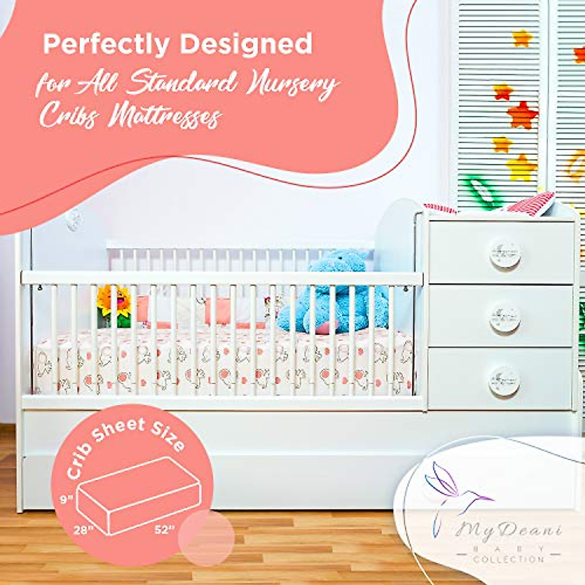 Stretchy Fitted Crib Sheets for Baby Girls, Ultra Soft Jersey Knit Cotton, Fits Standard Crib and Toddler Mattress, Size 28in x 52in, 2 Pack Set, Coral Elephants & Coral Animals Nursery Sheet